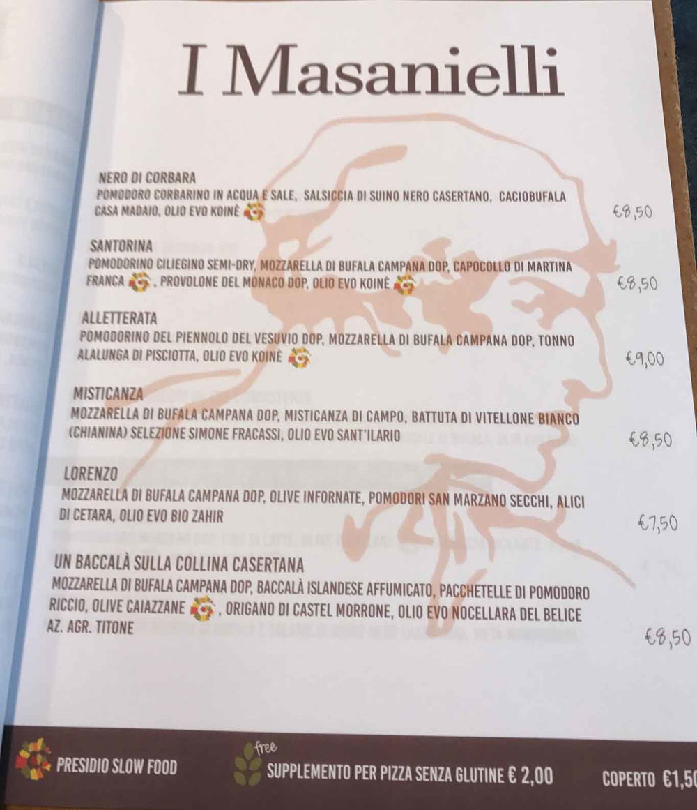 Menu e prezzi della nuova pizzeria I Masanielli di Martucci a Caserta