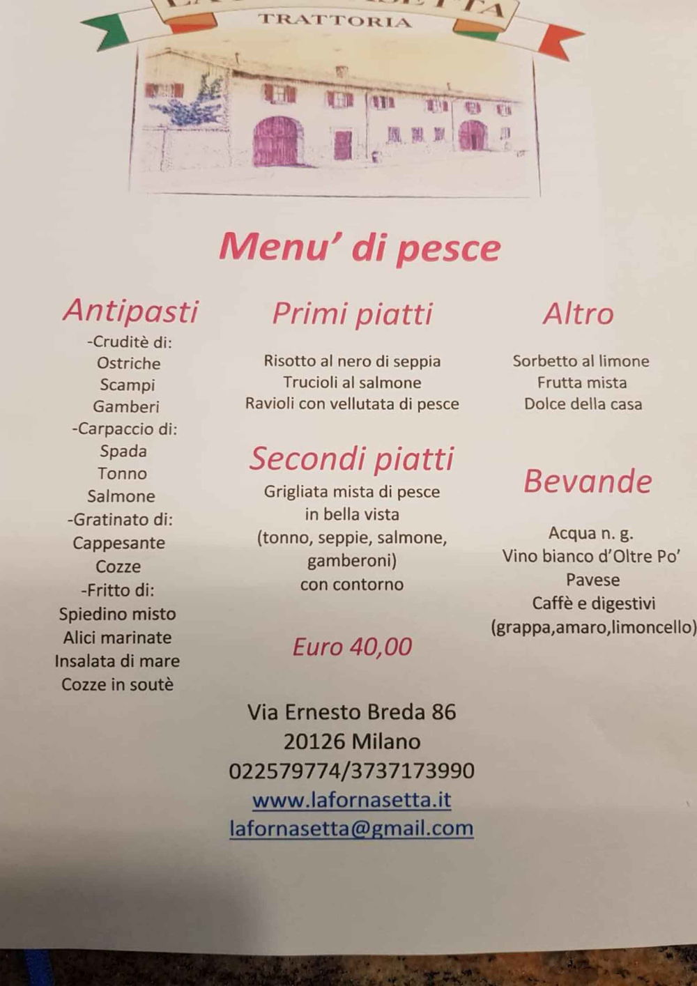 Trattoria economica a Milano. Cena di pesce a prezzo fisso alla Fornasetta